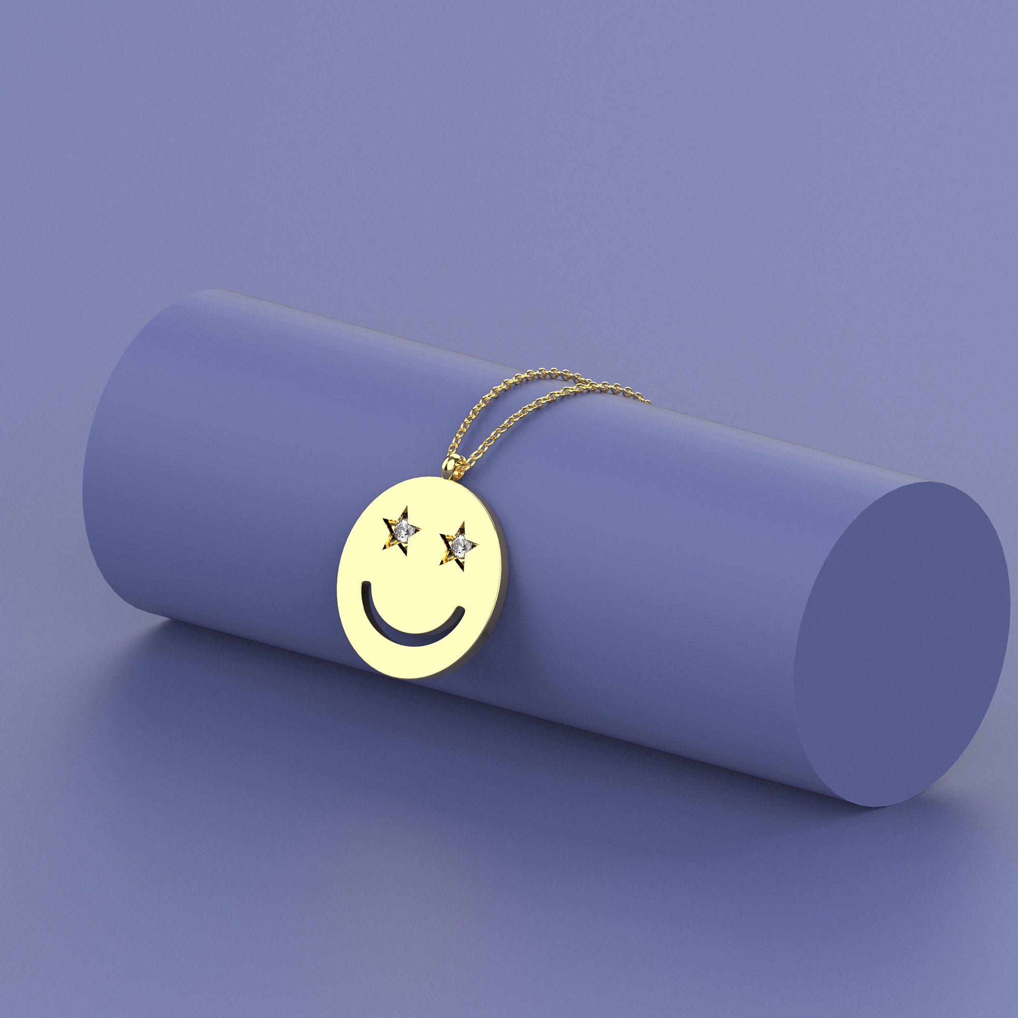 14k Solid Gold Smiley Face Emoji Necklace, Silver Smiley Face Pendant ...