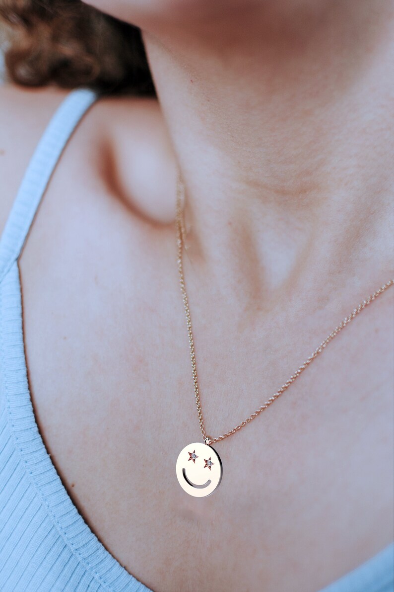 14k Solid Gold Smiley Face Emoji Necklace, Silver Smiley Face Pendant ...