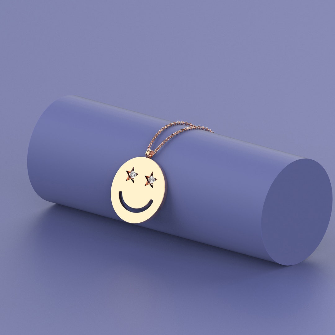 14k Solid Gold Smiley Face Emoji Necklace, Silver Smiley Face Pendant ...