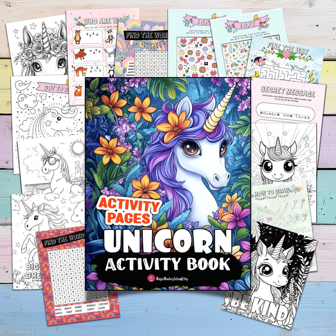 Unicorn Activity Book: 20 Coloring Pages, Puzzles, Mazes (digital ...