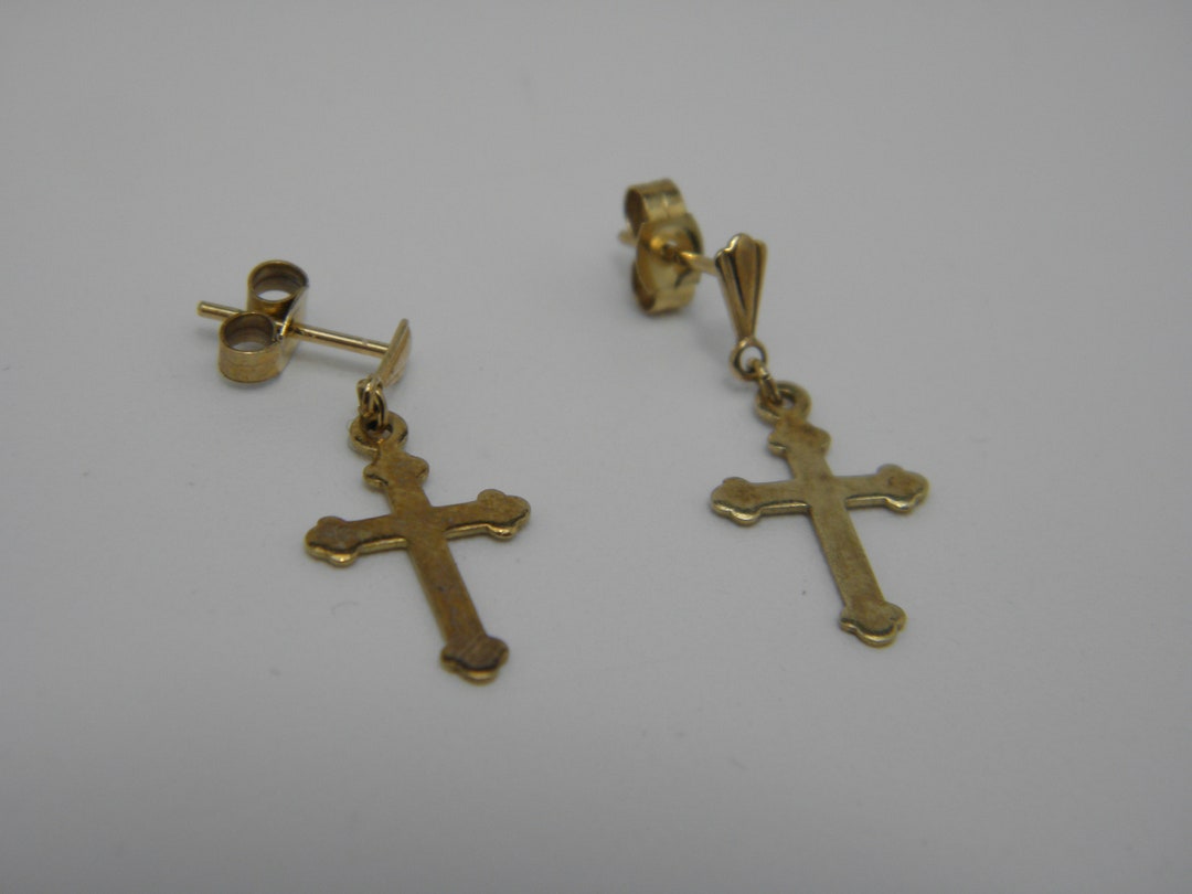Solid 9ct Yellow Gold Cross Dropper Earrings Lovely Vintage Condition ...
