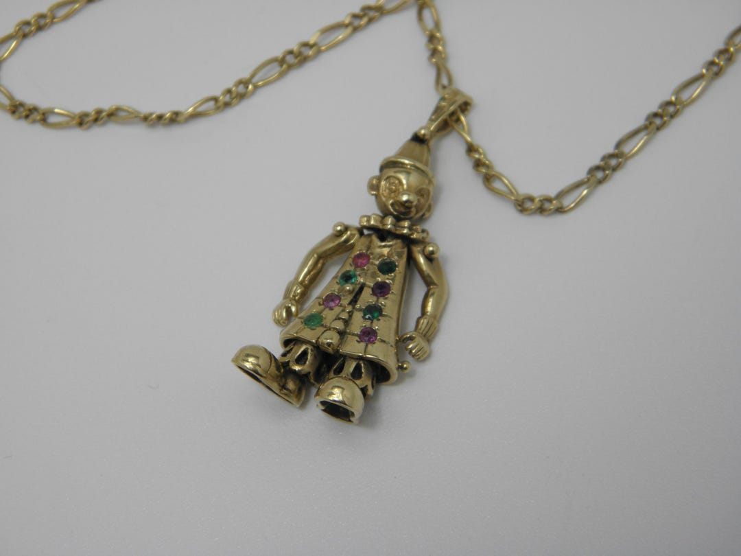 UNIQUE Solid 9ct Gold Ruby & Emerald Clown Pendant Necklace 20 ...