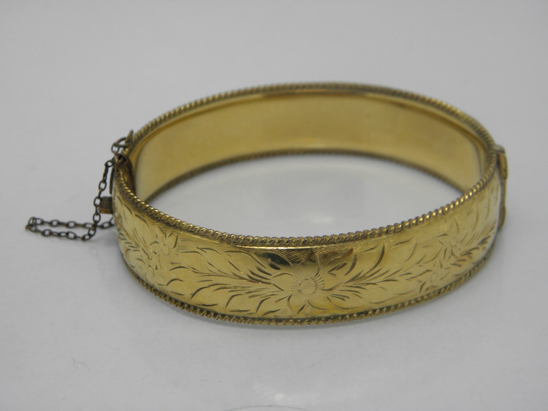 Vintage 9ct Yellow Gold Metal Core Floral Bangle 7inch Lovely Vintage ...