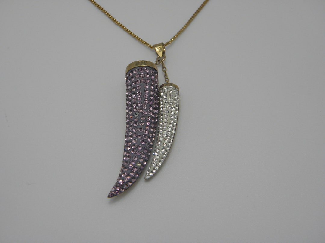 Solid 9ct Yellow Gold Pink & White Gem Tiger Tooth Pendant Necklace 18 ...