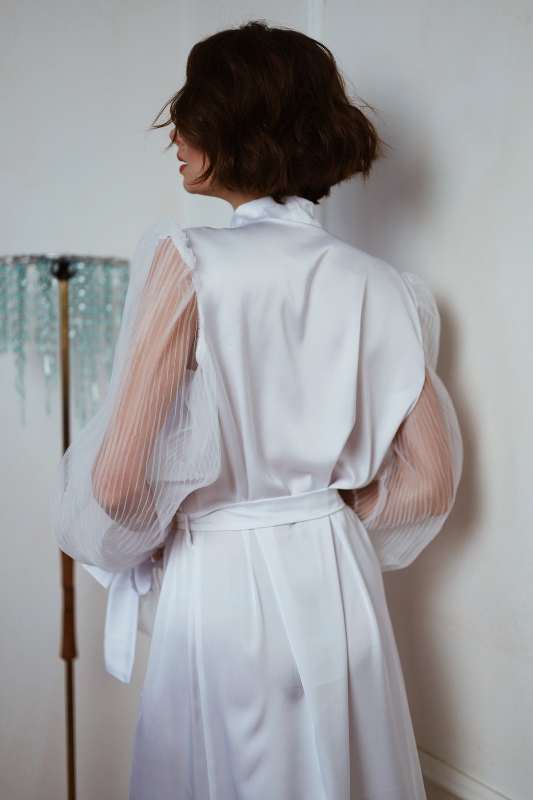 White Silk Kimono Robe for Wedding Day, Bridal Robe With Wide ...