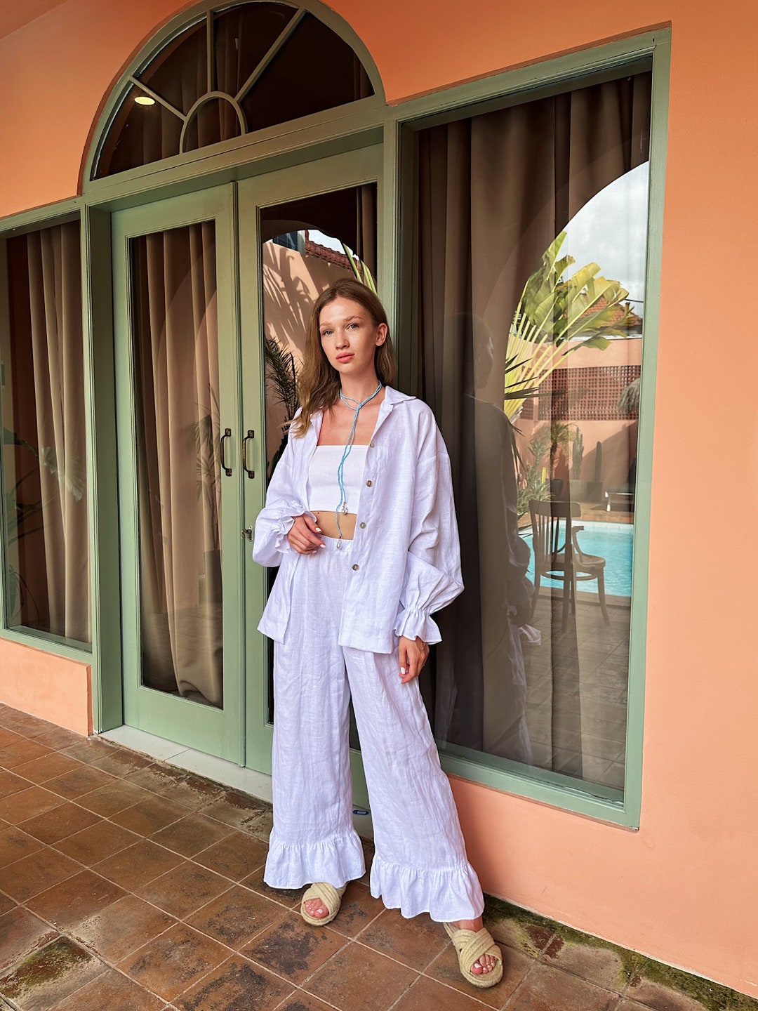 Linen Lounge Set With Wide Pants, Natural Fabric Pyjama Set, Elegant ...