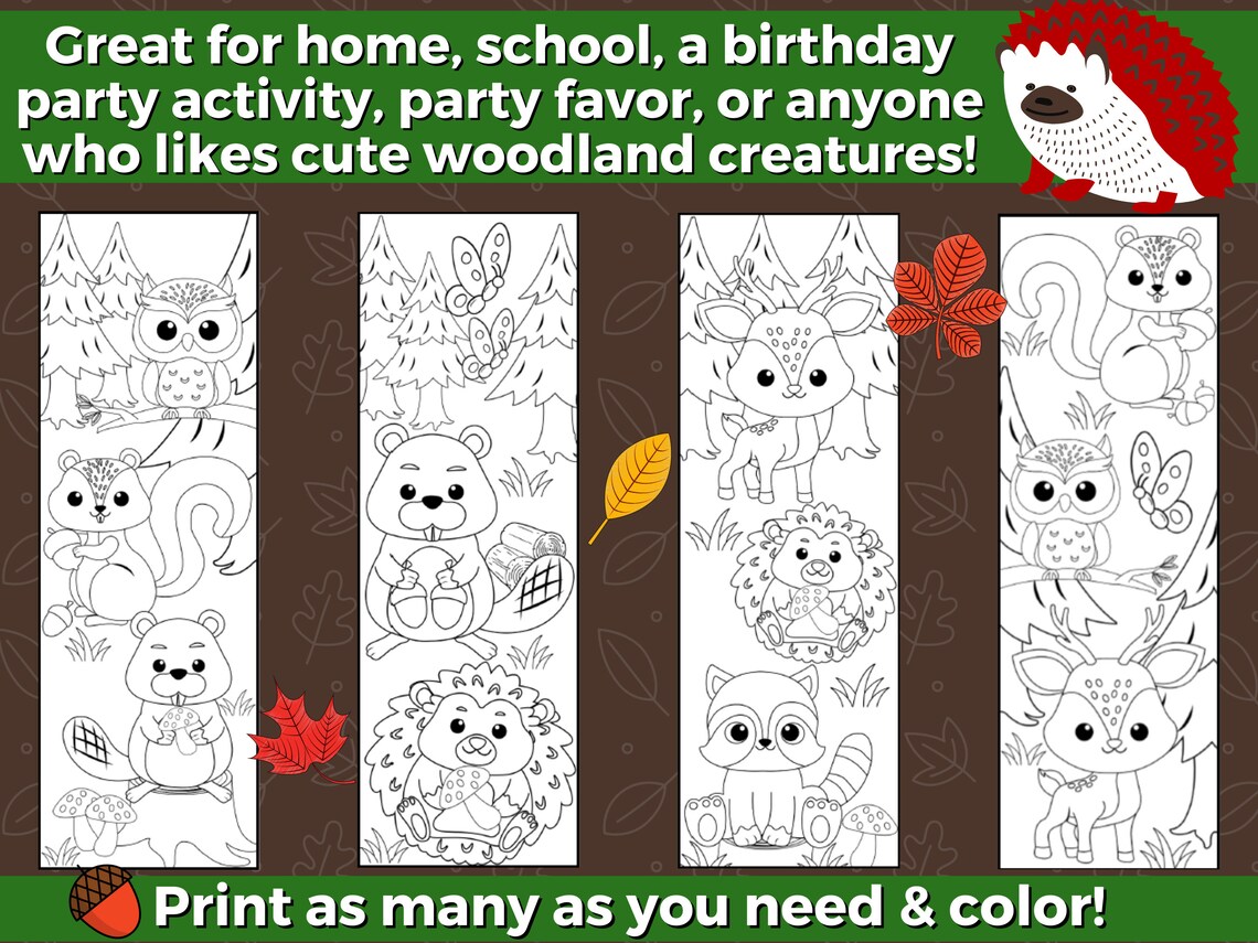 4 Woodland Animal Printable Coloring Bookmarks for Kids INSTANT ...