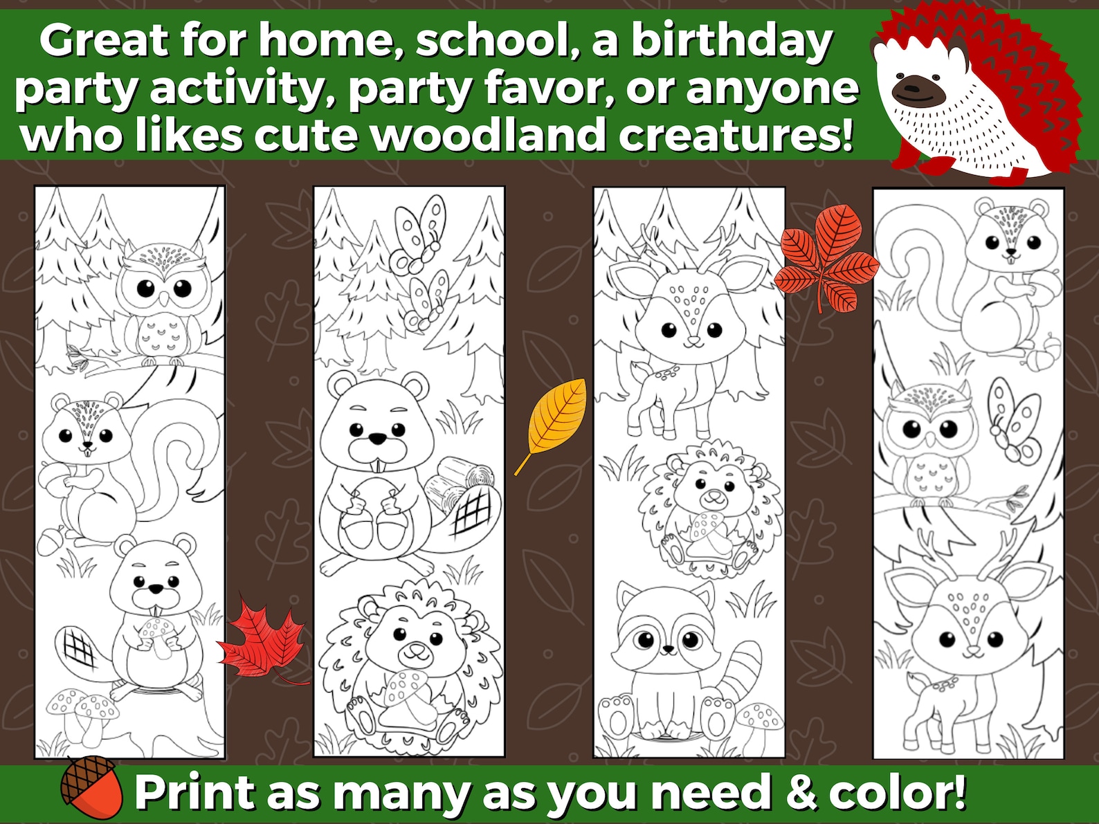 4 Woodland Animal Printable Coloring Bookmarks for Kids- INSTANT ...