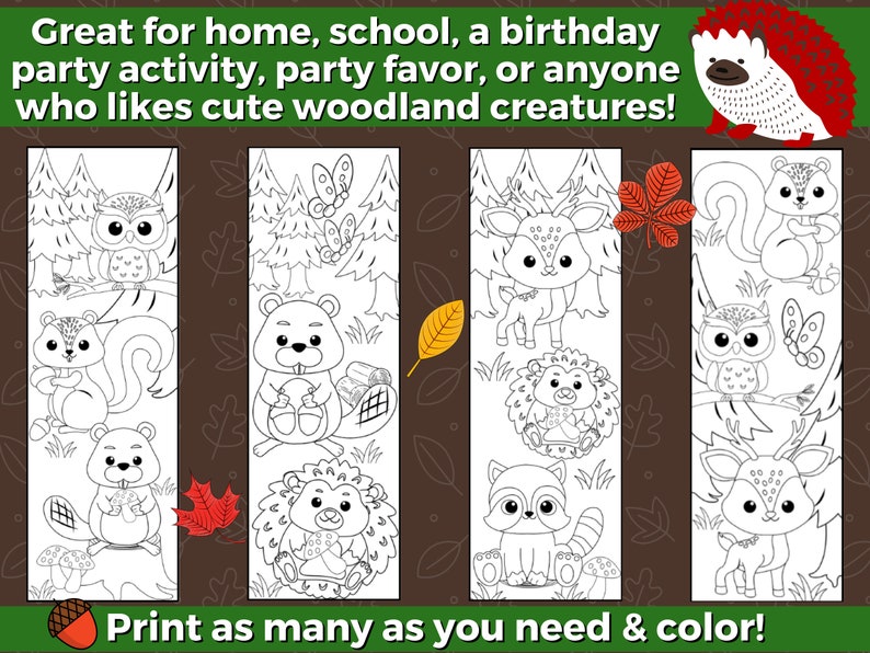 4 Woodland Animal Printable Coloring Bookmarks for Kids- INSTANT ...