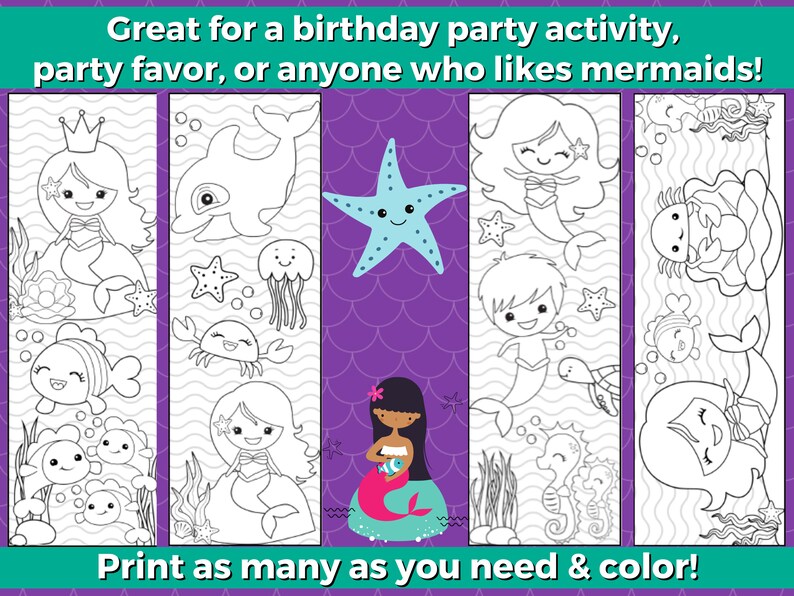 4 Mermaid Printable Coloring Bookmarks for Kids-instant - Etsy