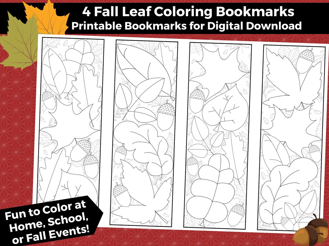 4 Fall Leaf Printable Coloring Bookmarks for Kids or Adults- INSTANT ...