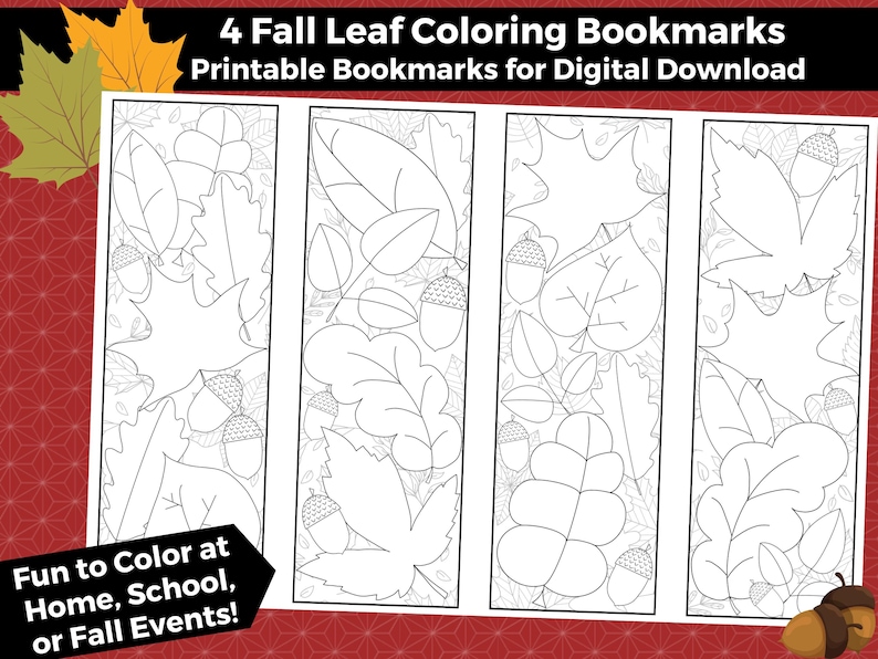 4 Fall Leaf Printable Coloring Bookmarks for Kids or Adults- INSTANT ...