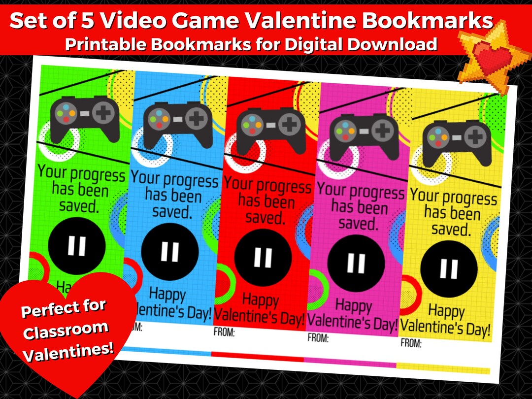 Video Game Valentine Bookmarks, Printable Valentine's Card for Kids ...