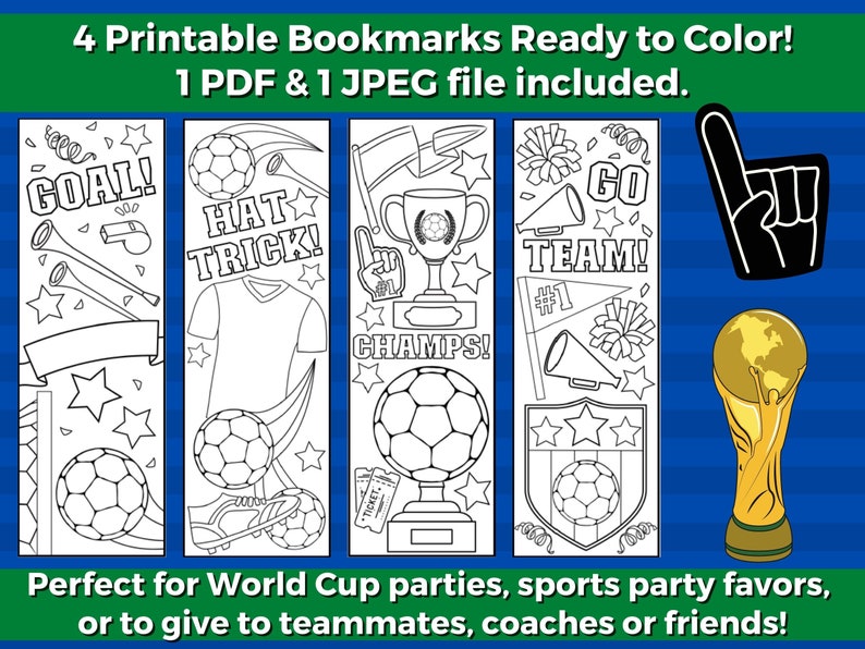 4 Soccer Themed Printable Coloring Bookmarks for Kids- INSTANT DOWNLOAD ...