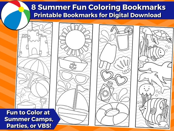 8 Summer Fun Printable Coloring Bookmarks for Kids-instant - Etsy