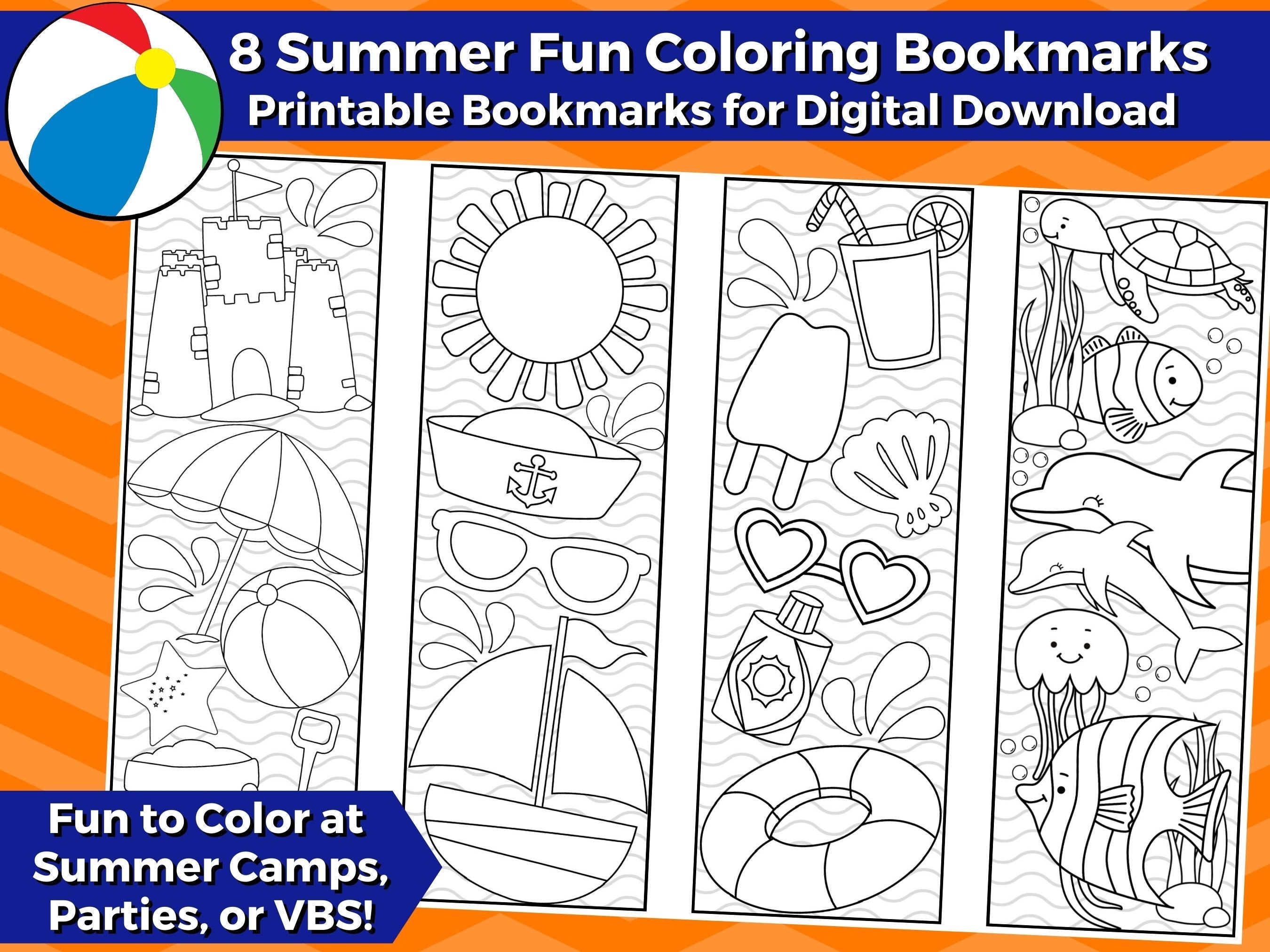8 Summer Fun Printable Coloring Bookmarks for Kids-instant DOWNLOAD ...