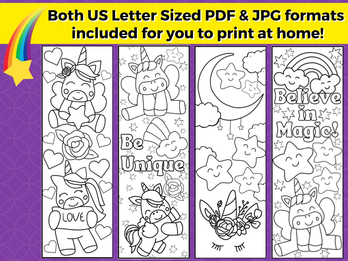 4 Unicorn Printable Coloring Bookmarks for Kids INSTANT | Etsy