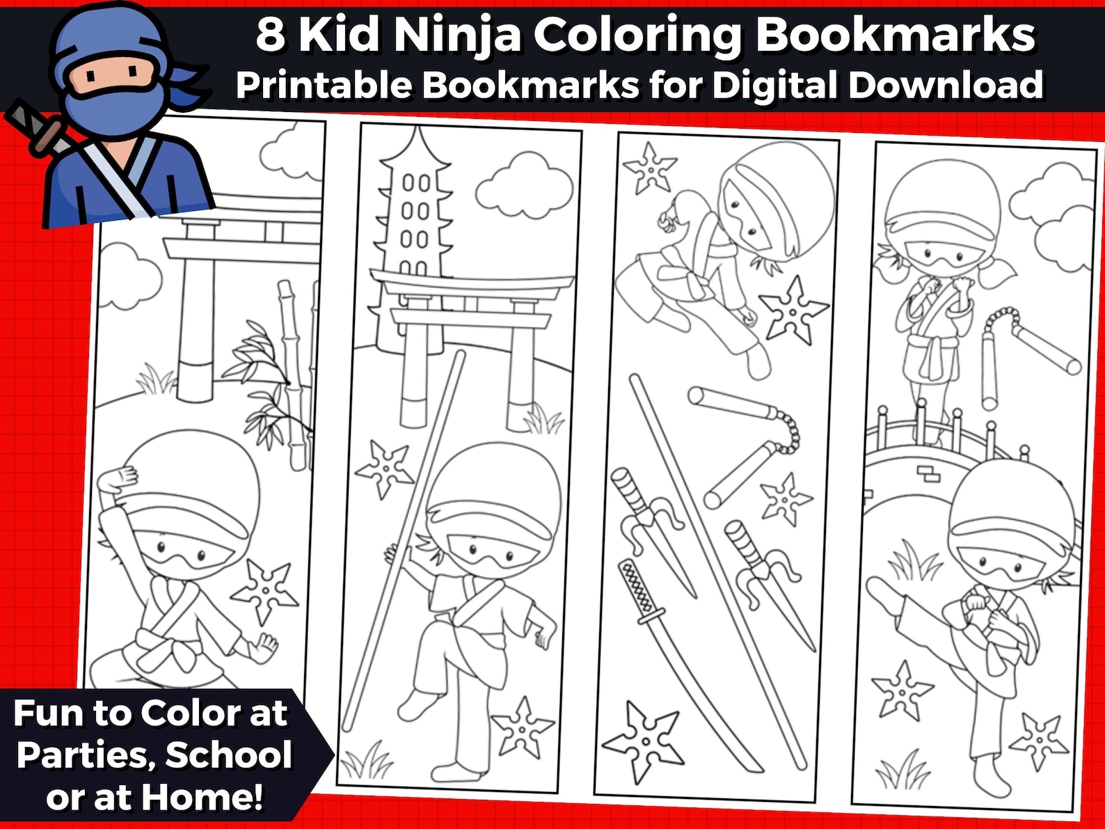 8 Kid Ninja Printable Coloring Bookmarks for Kids INSTANT DOWNLOAD ...