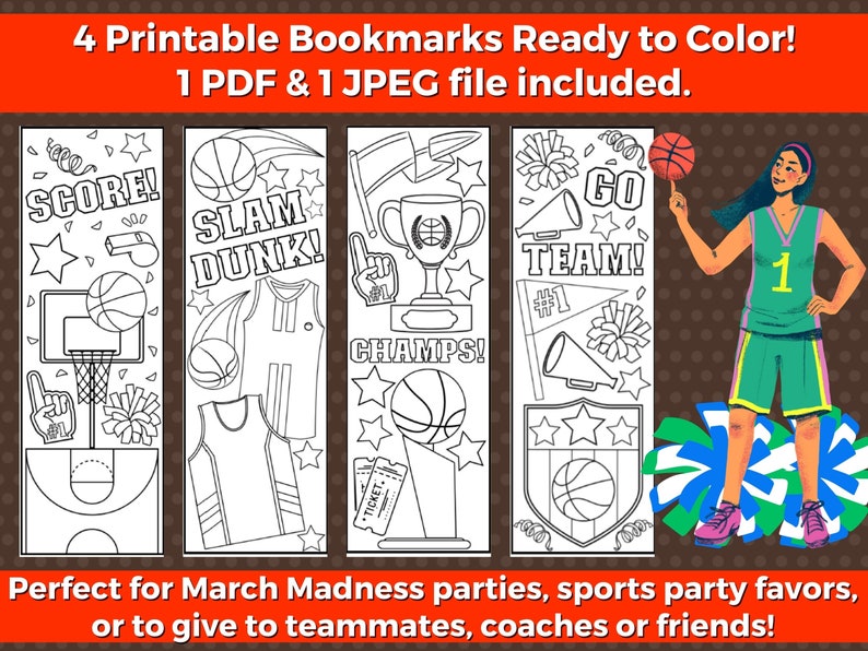 4 Basketball Themed Printable Coloring Bookmarks for Kids INSTANT ...