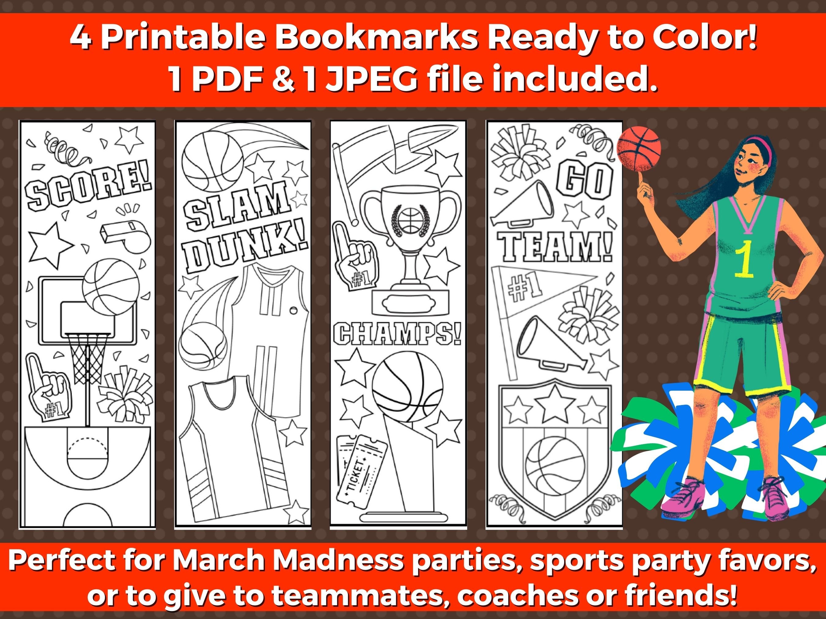 4 Basketball Themed Printable Coloring Bookmarks for Kids INSTANT ...