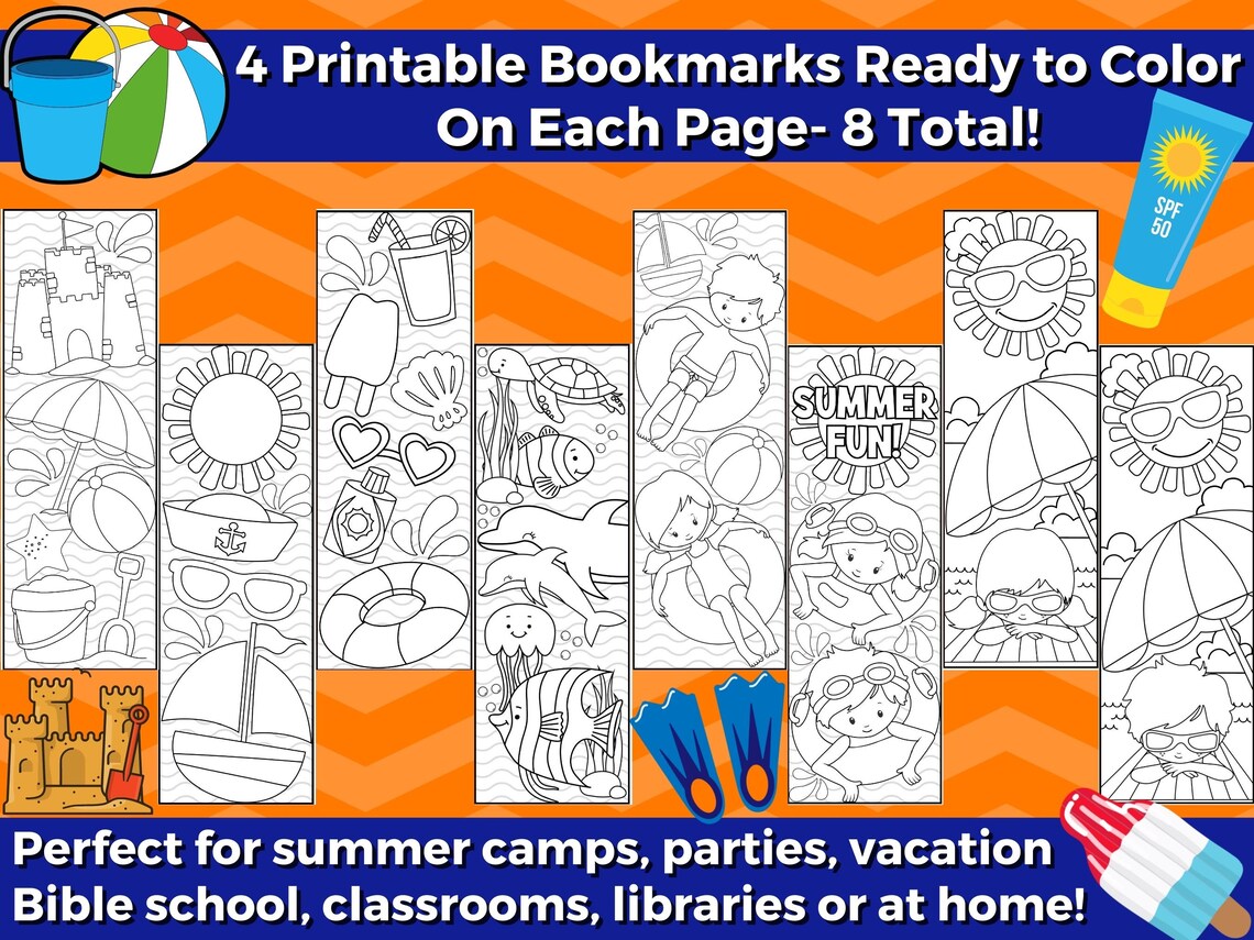 8 Summer Fun Printable Coloring Bookmarks for Kids-instant DOWNLOAD ...