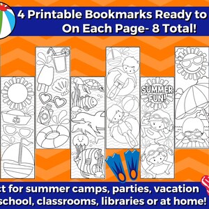 8 Summer Fun Printable Coloring Bookmarks for Kids-instant DOWNLOAD ...