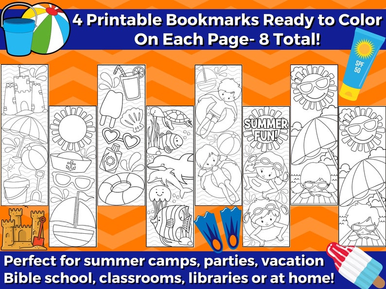 8 Summer Fun Printable Coloring Bookmarks for Kids-instant DOWNLOAD ...