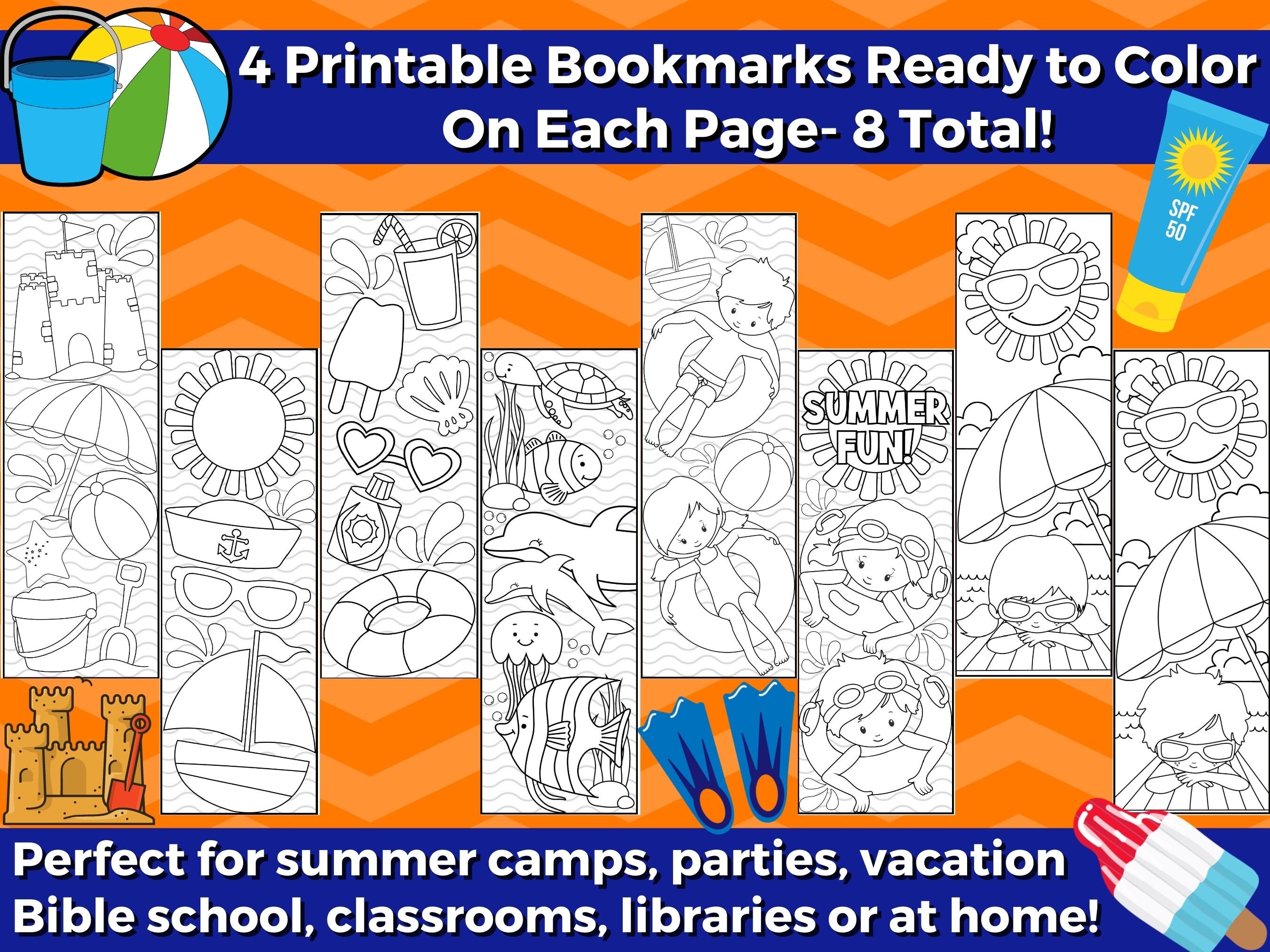 8 Summer Fun Printable Coloring Bookmarks for Kids-instant DOWNLOAD ...