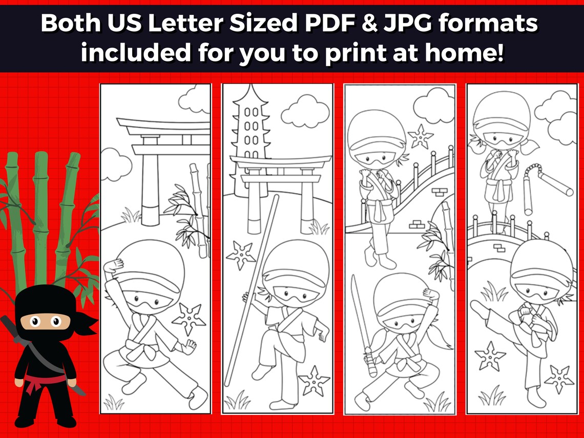 8 Kid Ninja Printable Coloring Bookmarks for Kids INSTANT DOWNLOAD ...