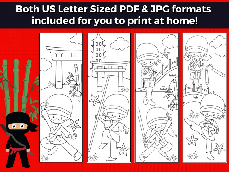 8 Kid Ninja Printable Coloring Bookmarks for Kids INSTANT DOWNLOAD ...