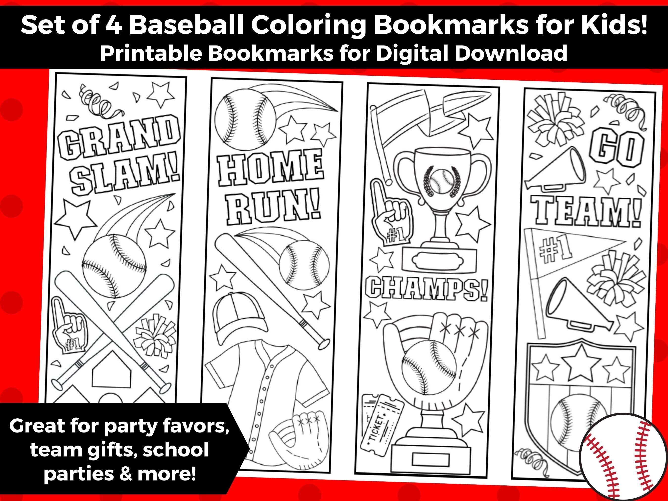 4 Baseball Themed Printable Coloring Bookmarks for Kids- INSTANT ...