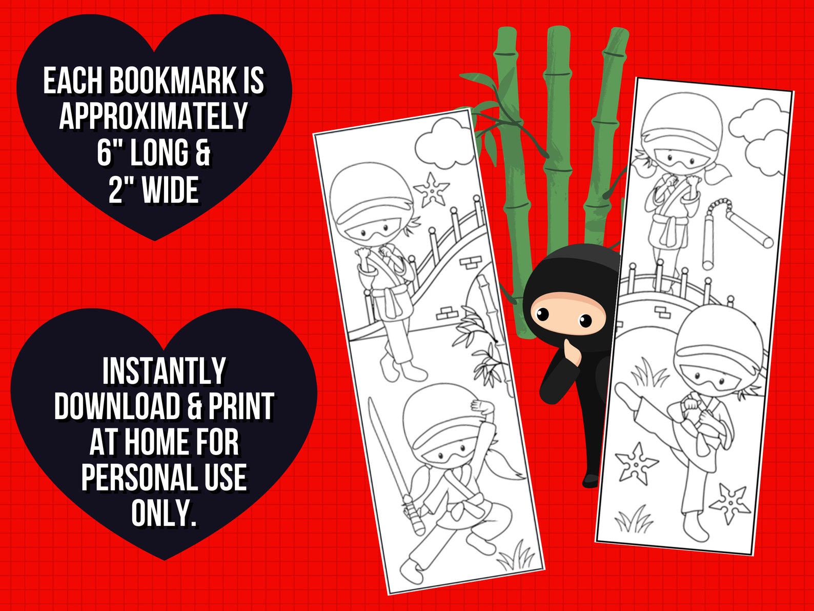 8 Kid Ninja Printable Coloring Bookmarks for Kids- INSTANT DOWNLOAD ...