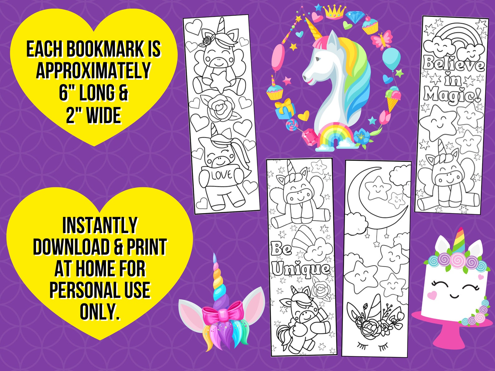 4 Unicorn Printable Coloring Bookmarks for Kids INSTANT DOWNLOAD Color ...