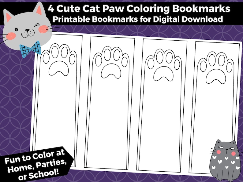 Cat Paw Coloring Bookmarks for Kids | Printable Bookmarks (digital ...