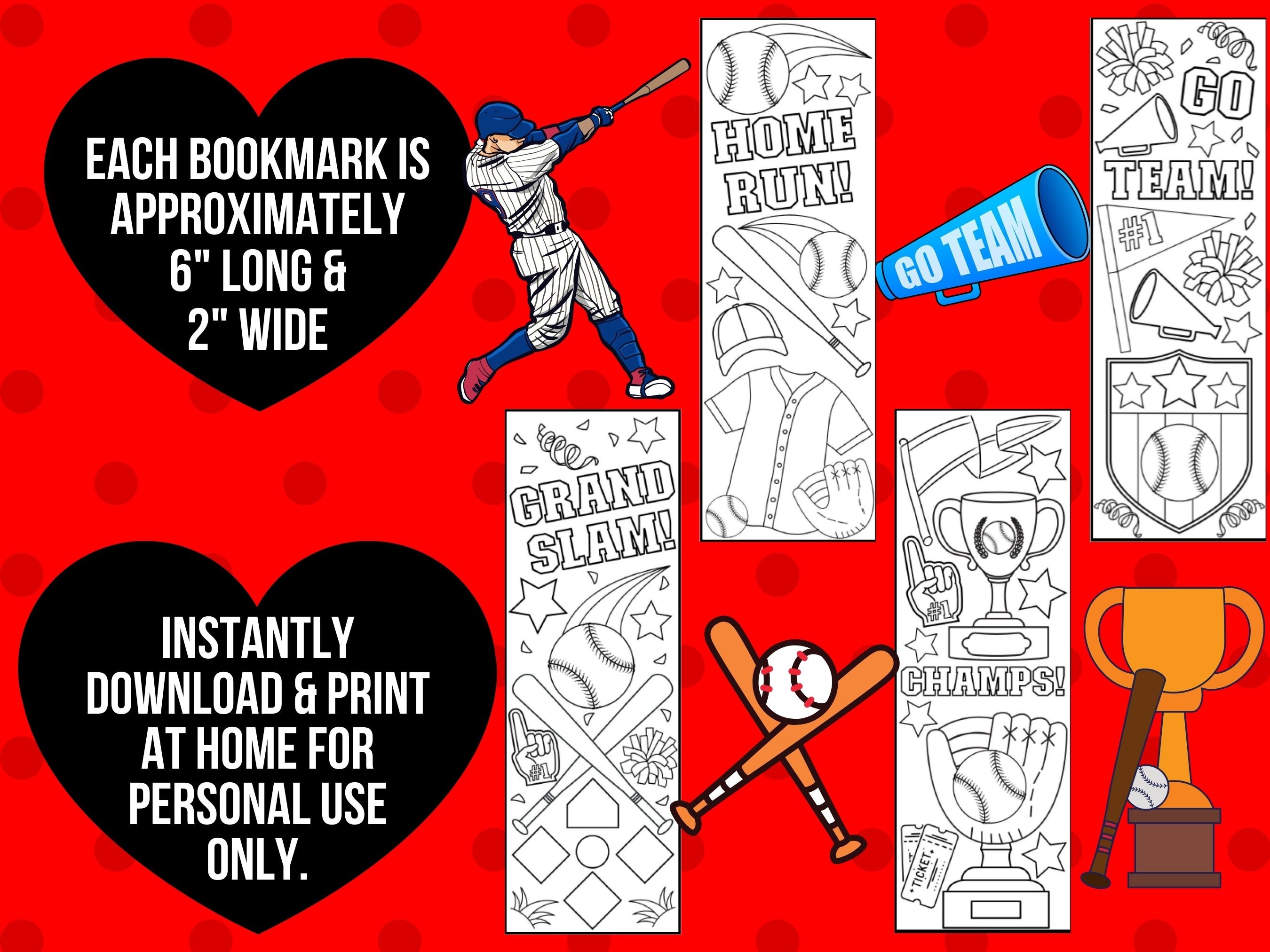 4 Baseball Themed Printable Coloring Bookmarks for Kids- INSTANT ...
