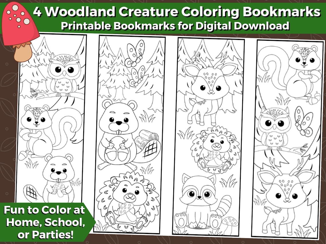 4 Woodland Animal Printable Coloring Bookmarks for Kids INSTANT ...