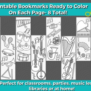 8 Musical Instrument Printable Coloring Bookmarks for Kids- INSTANT ...