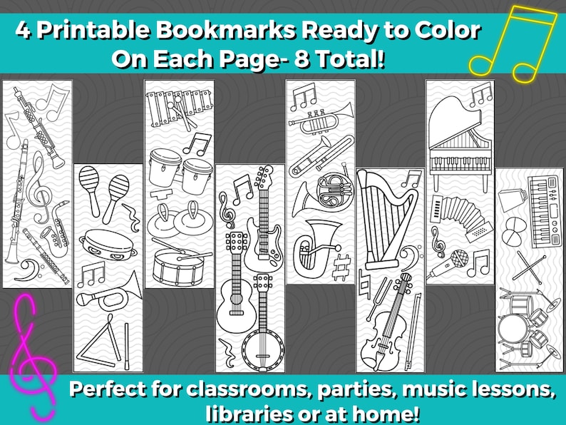 8 Musical Instrument Printable Coloring Bookmarks for Kids- INSTANT ...