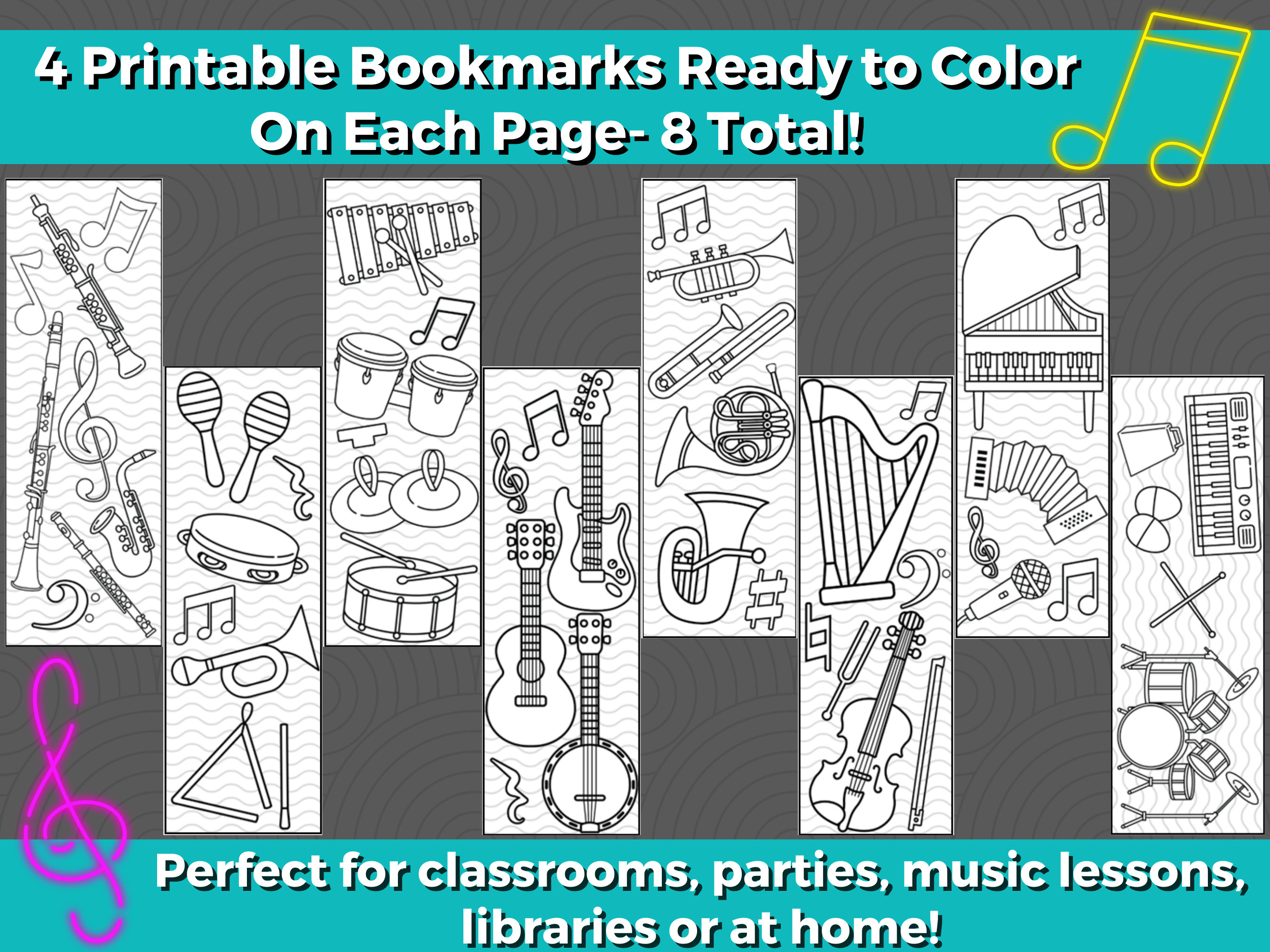 8 Musical Instrument Printable Coloring Bookmarks for Kids INSTANT ...