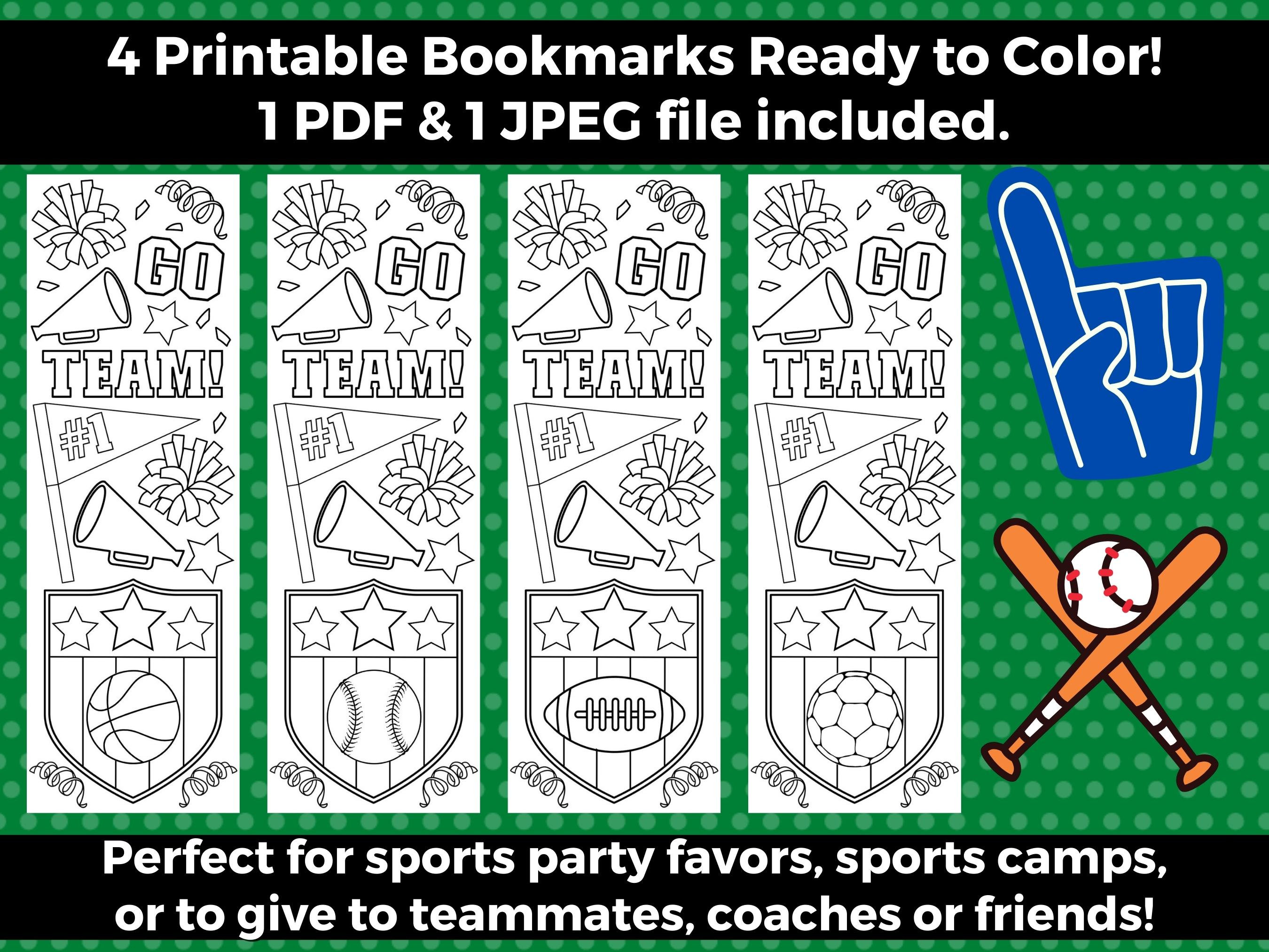 4 Sports Themed Printable Coloring Bookmarks for Kids INSTANT DOWNLOAD ...