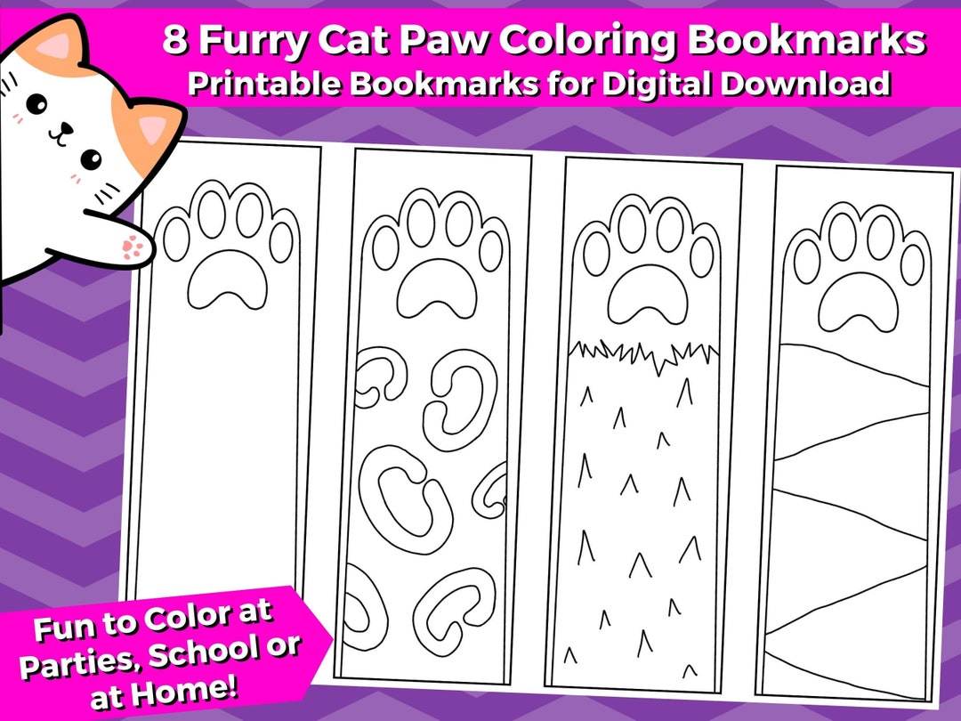 8 Cat Paw Printable Coloring Bookmarks for Kids-instant DOWNLOAD ...