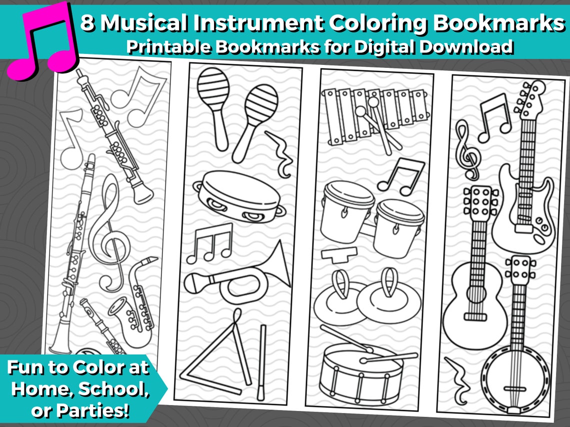 8 Musical Instrument Printable Coloring Bookmarks for Kids INSTANT ...