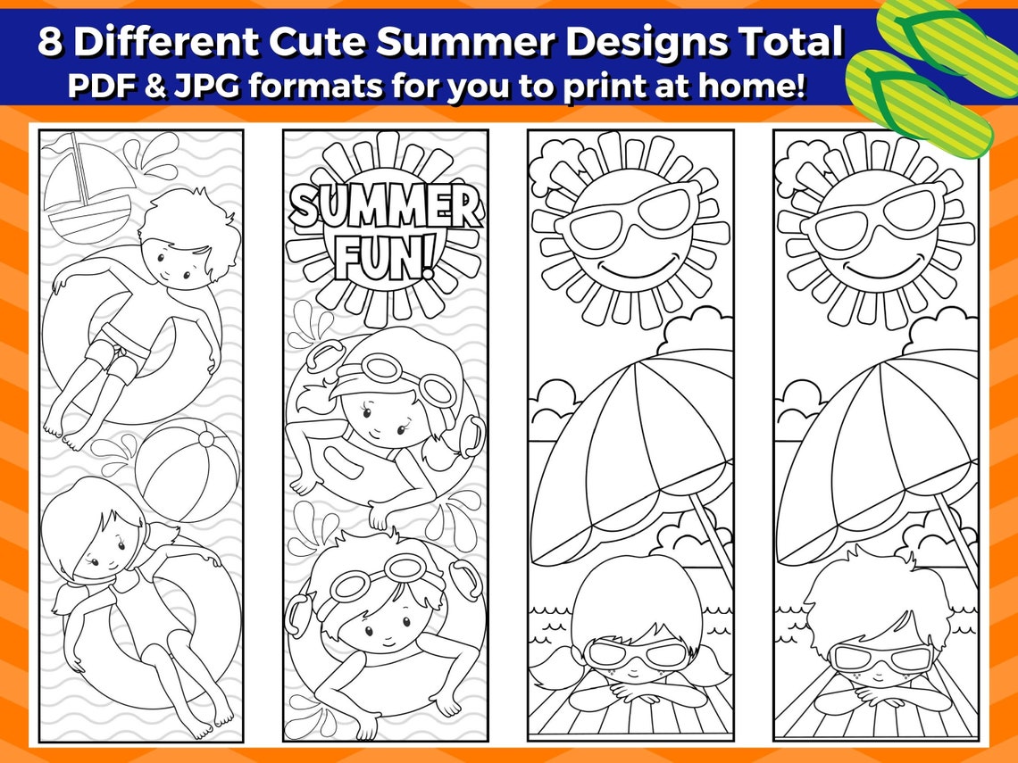 8 Summer Fun Printable Coloring Bookmarks for Kids-instant DOWNLOAD ...