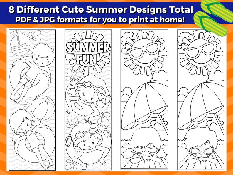 8 Summer Fun Printable Coloring Bookmarks for Kids-instant DOWNLOAD ...