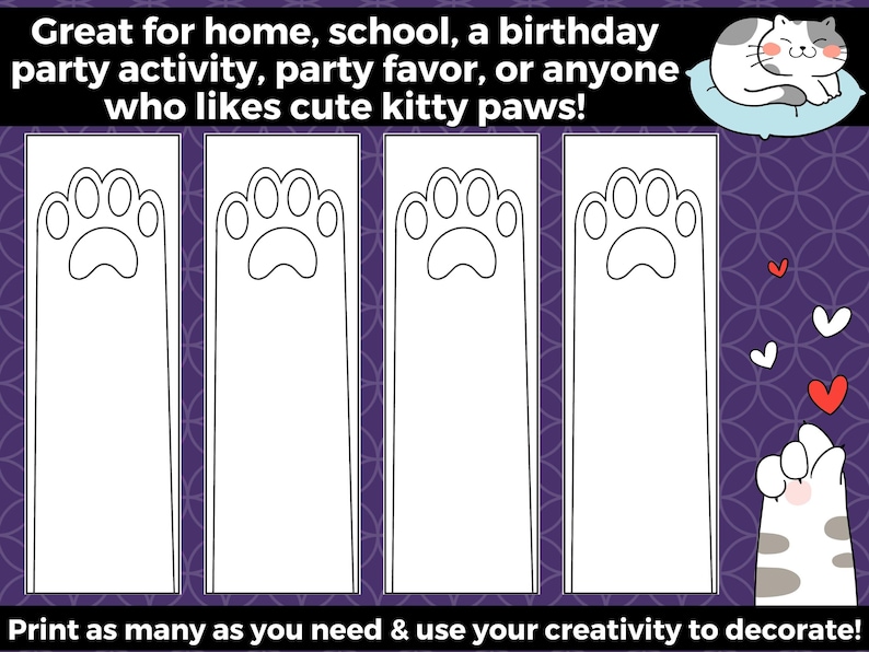 4 Cat Paw Printable Coloring Bookmarks for Kids-instant DOWNLOAD ...