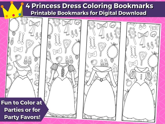 4 Princess Dresses Printable Coloring Bookmarks for | Etsy