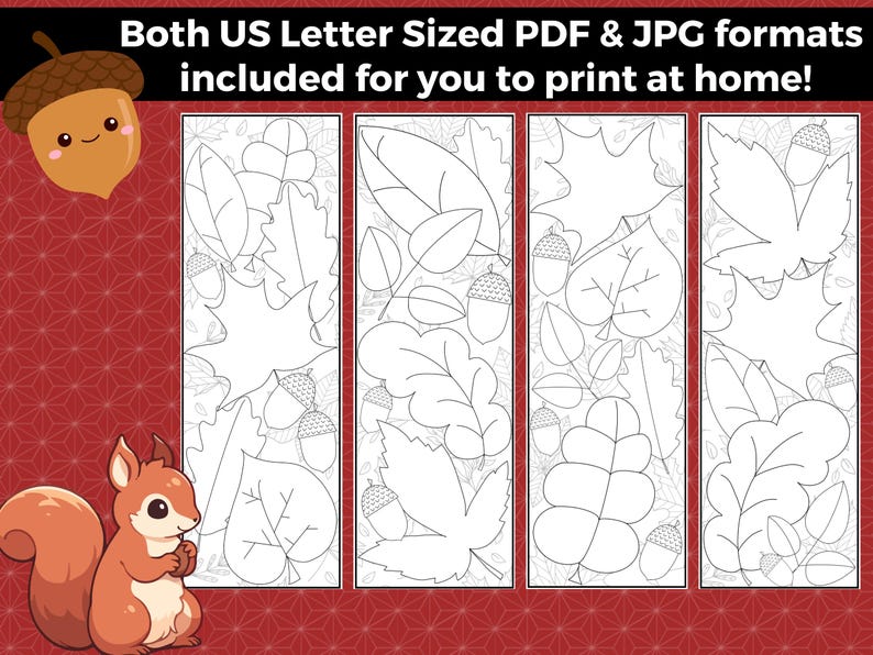 4 Fall Leaf Printable Coloring Bookmarks for Kids or Adults- INSTANT ...