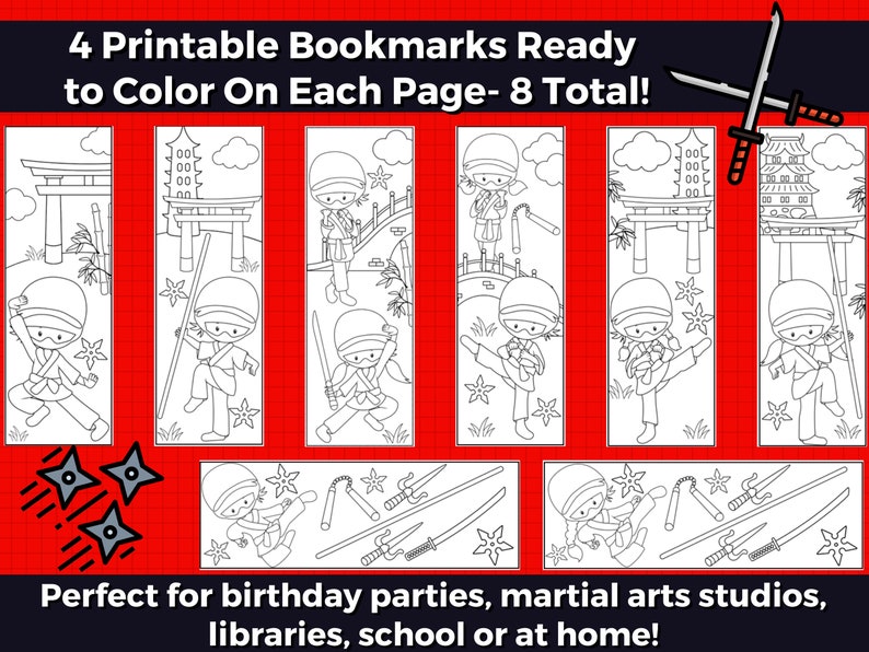 8 Kid Ninja Printable Coloring Bookmarks for Kids- INSTANT DOWNLOAD ...