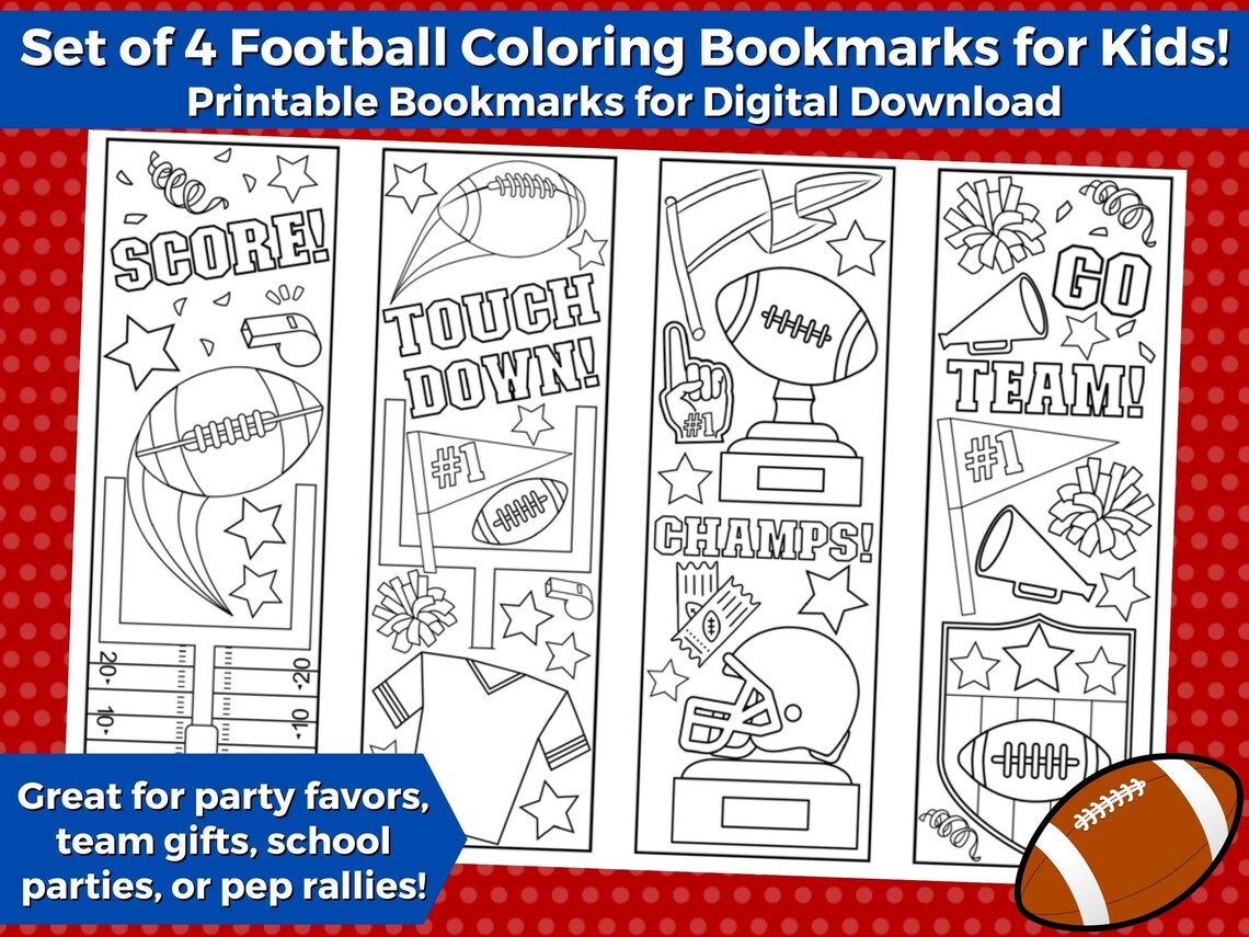 4 Football Themed Printable Coloring Bookmarks for Kids INSTANT ...