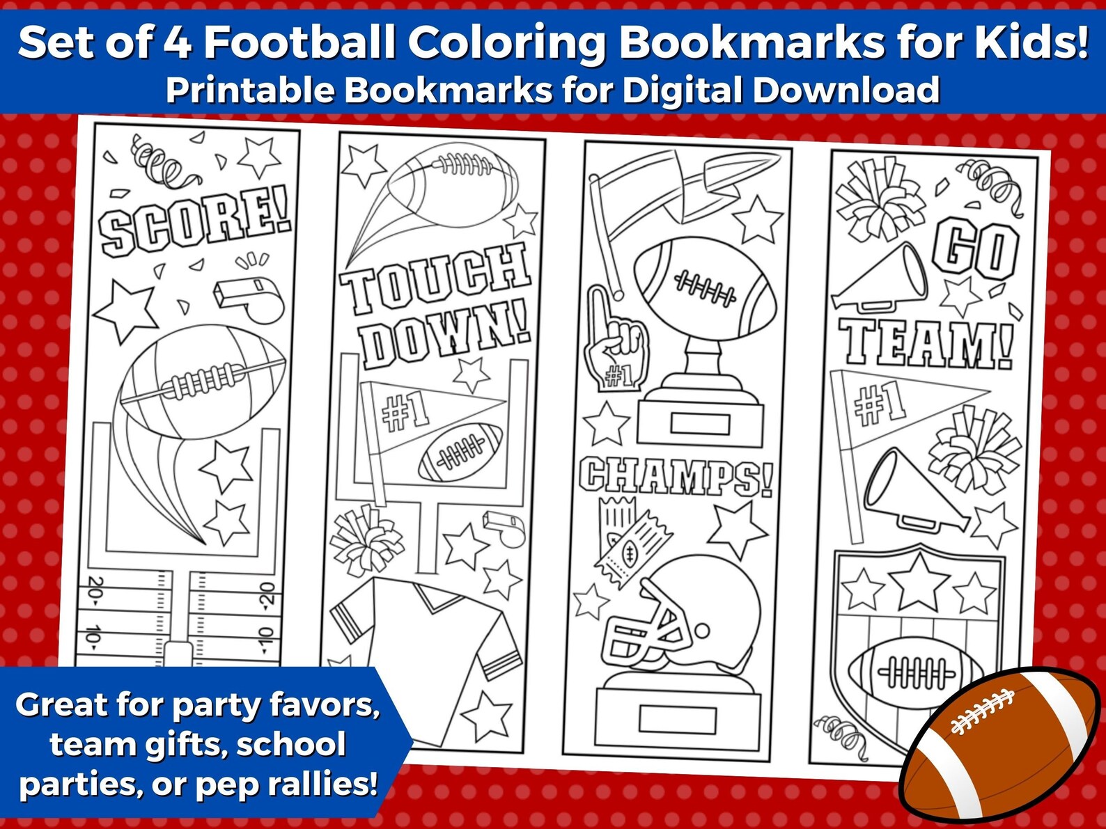 4 Football Themed Printable Coloring Bookmarks for Kids- INSTANT ...